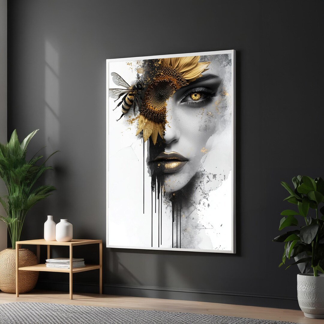 Ethereal Sunflower Bee, Abstract Portrait Canvas Art, Nature Fusion ...