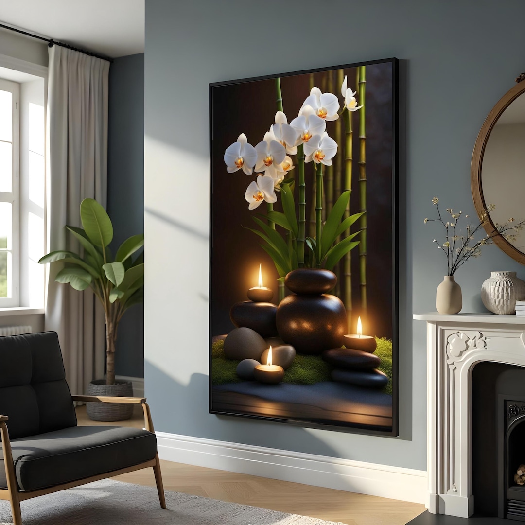 Orchid Zen Canvas, Candle Bamboo Art, Tranquil Decor, Spa Serenity Wall ...