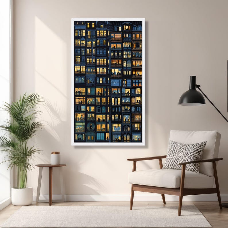 Cozy Nightlife Cityscape Canvas, Illuminated Windows Wall Art, Urban ...