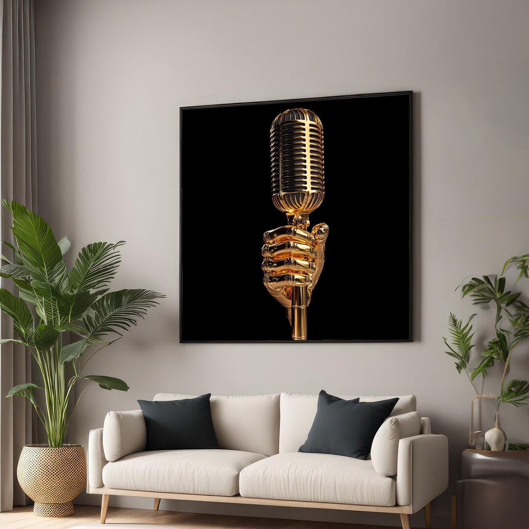 Golden Microphone Canvas, Retro Mic Art, Gold Hand Holding Mic, Wall ...