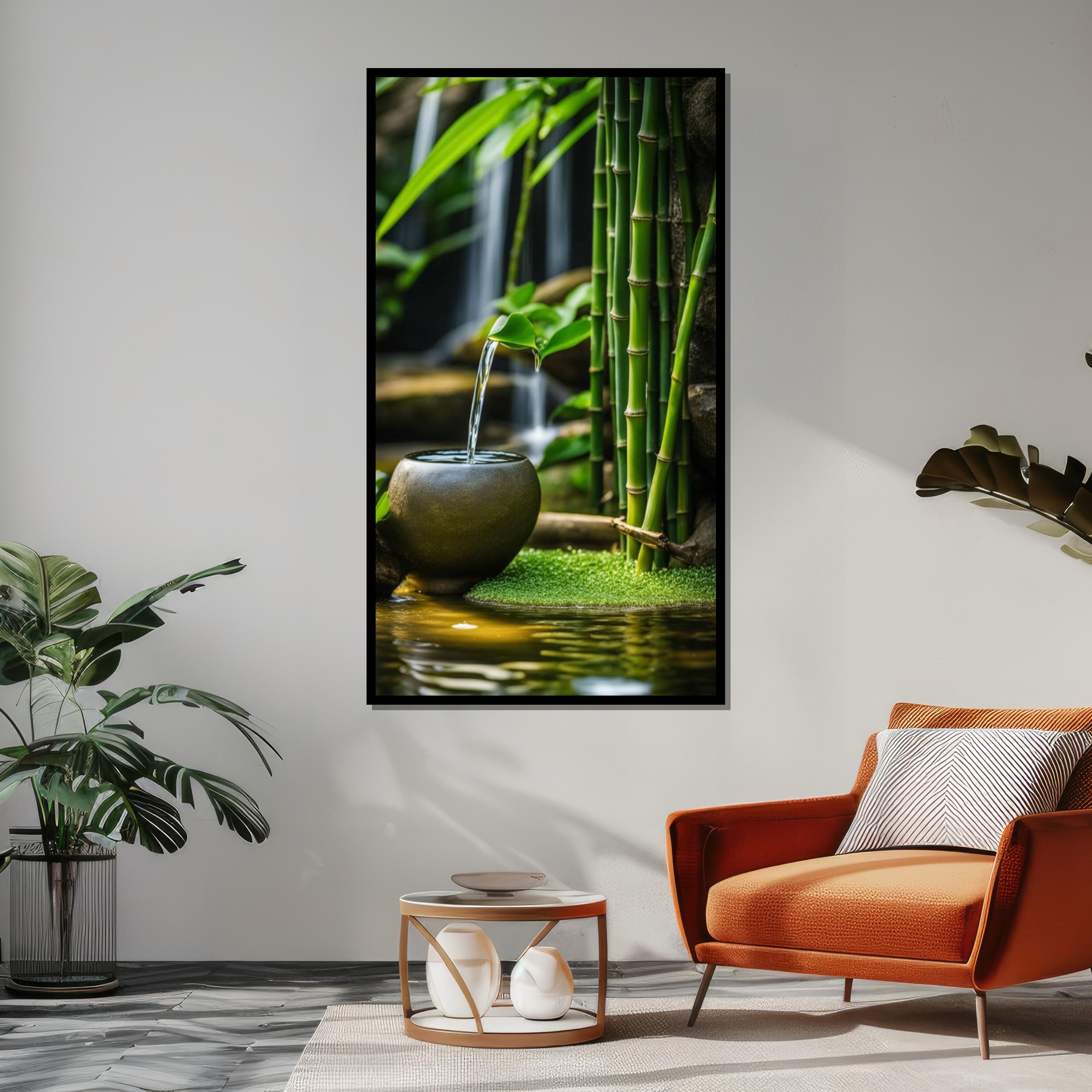 Zen Garden Bamboo Canvas, Tranquil Waterfall Wall Art, Green Nature ...