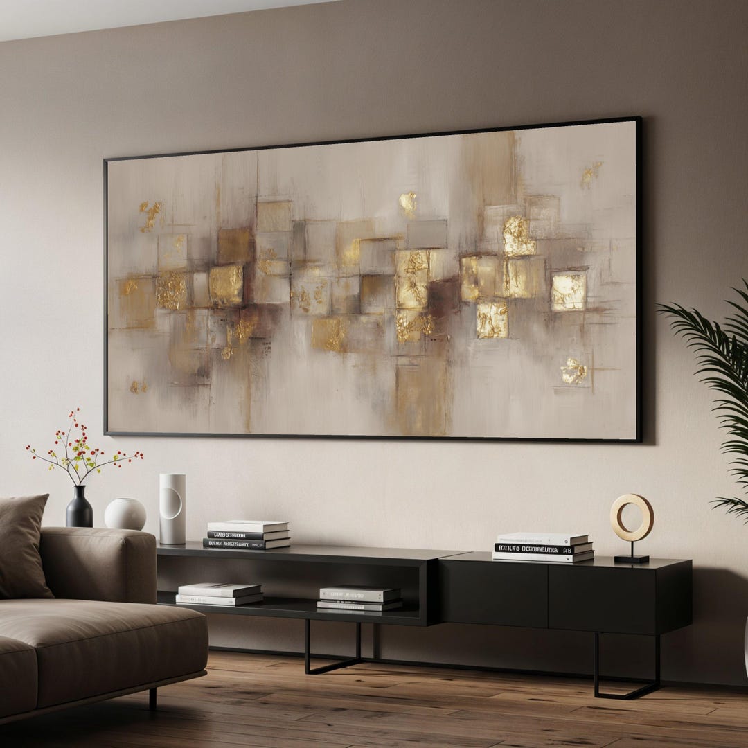 Modern Abstract Geometry Canvas, Gold Tone Wall Art, Neutral Tones ...