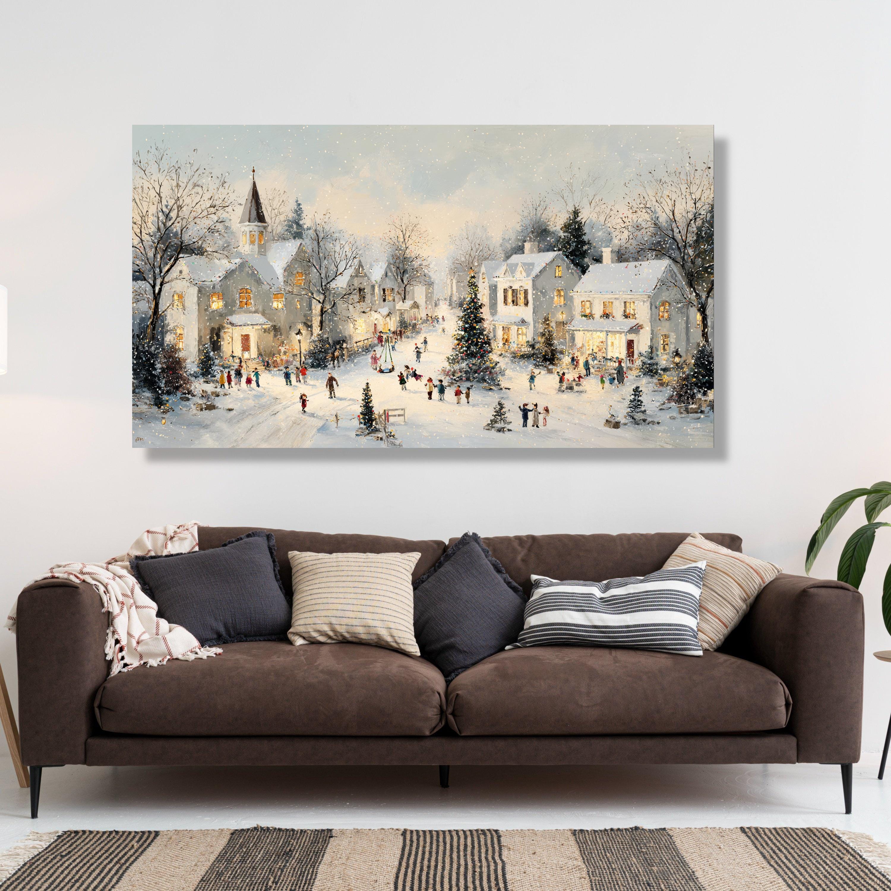 Cozy Snowy Village Winter Scene Canvas, Christmas Tree Festival Wall ...