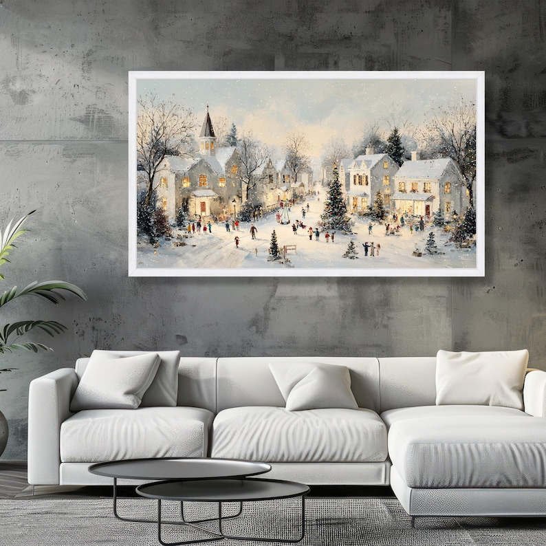 Cozy Snowy Village Winter Scene Canvas, Christmas Tree Festival Wall ...