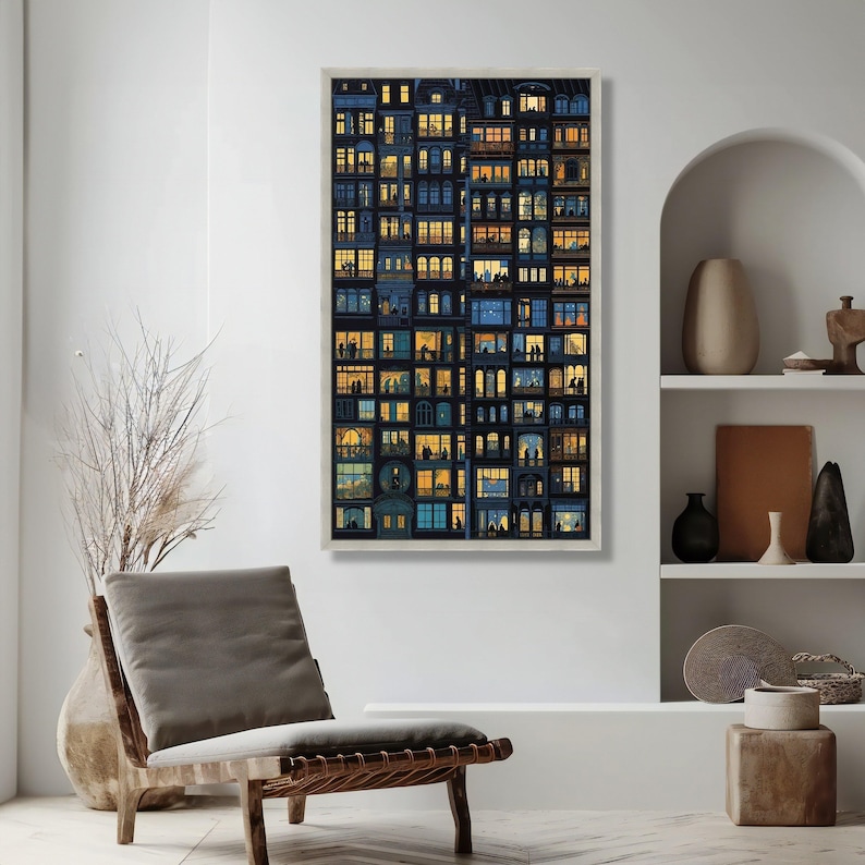 Cozy Nightlife Cityscape Canvas, Illuminated Windows Wall Art, Urban ...