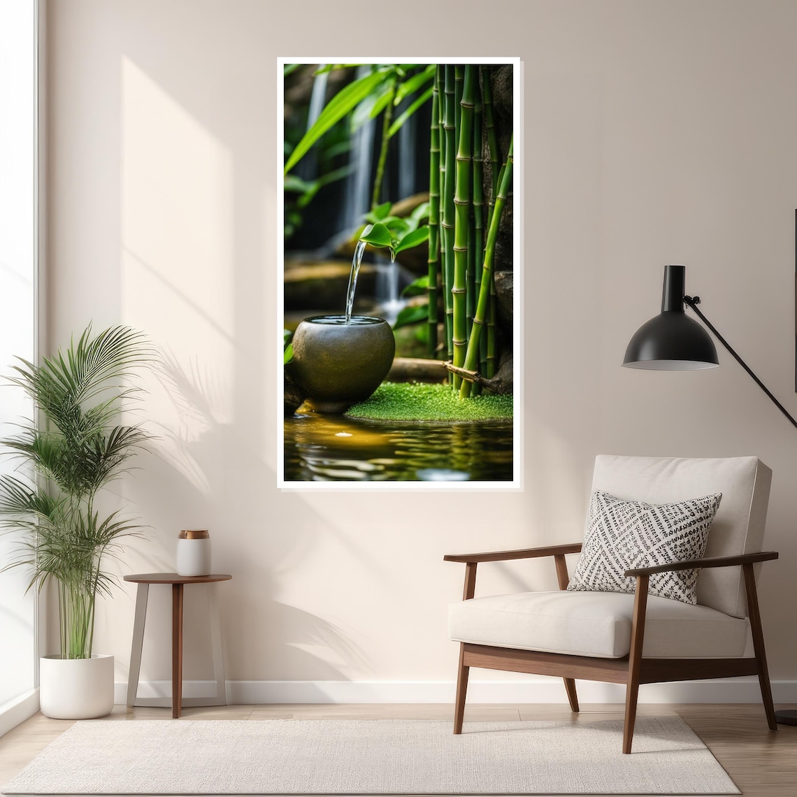 Zen Garden Bamboo Canvas, Tranquil Waterfall Wall Art, Green Nature ...