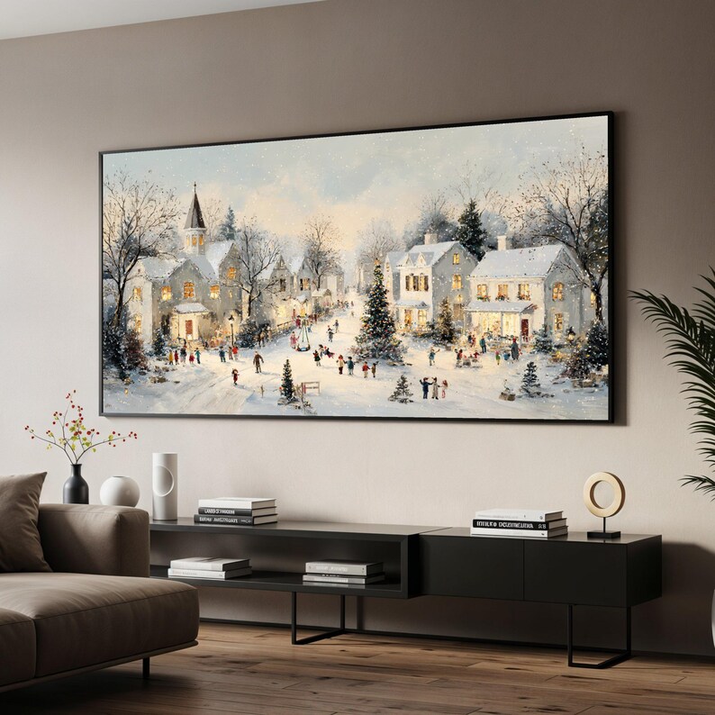 Cozy Snowy Village Winter Scene Canvas, Christmas Tree Festival Wall ...