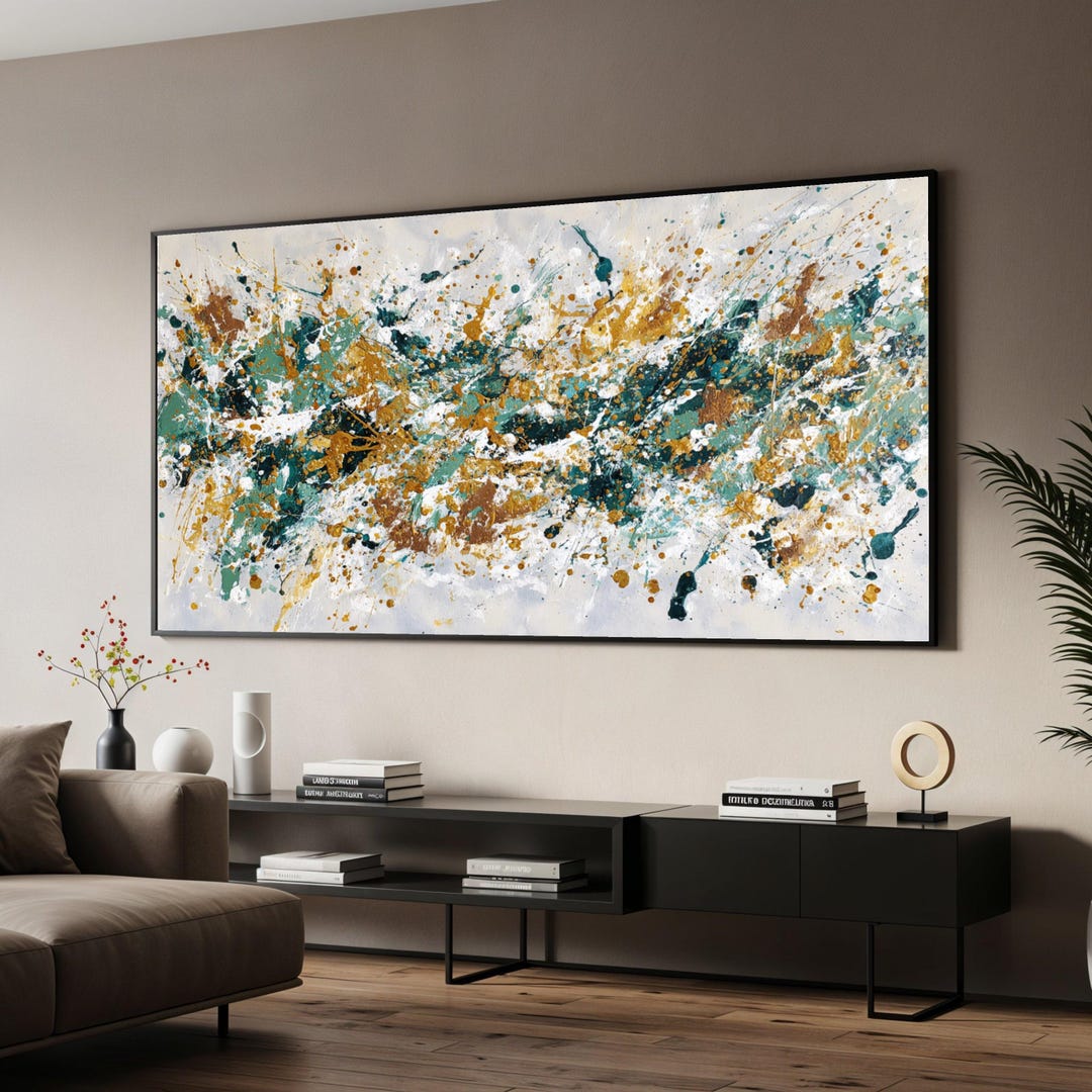 Modern Abstract Explosion Canvas Wall Art, Teal Gold Splatter Painting ...