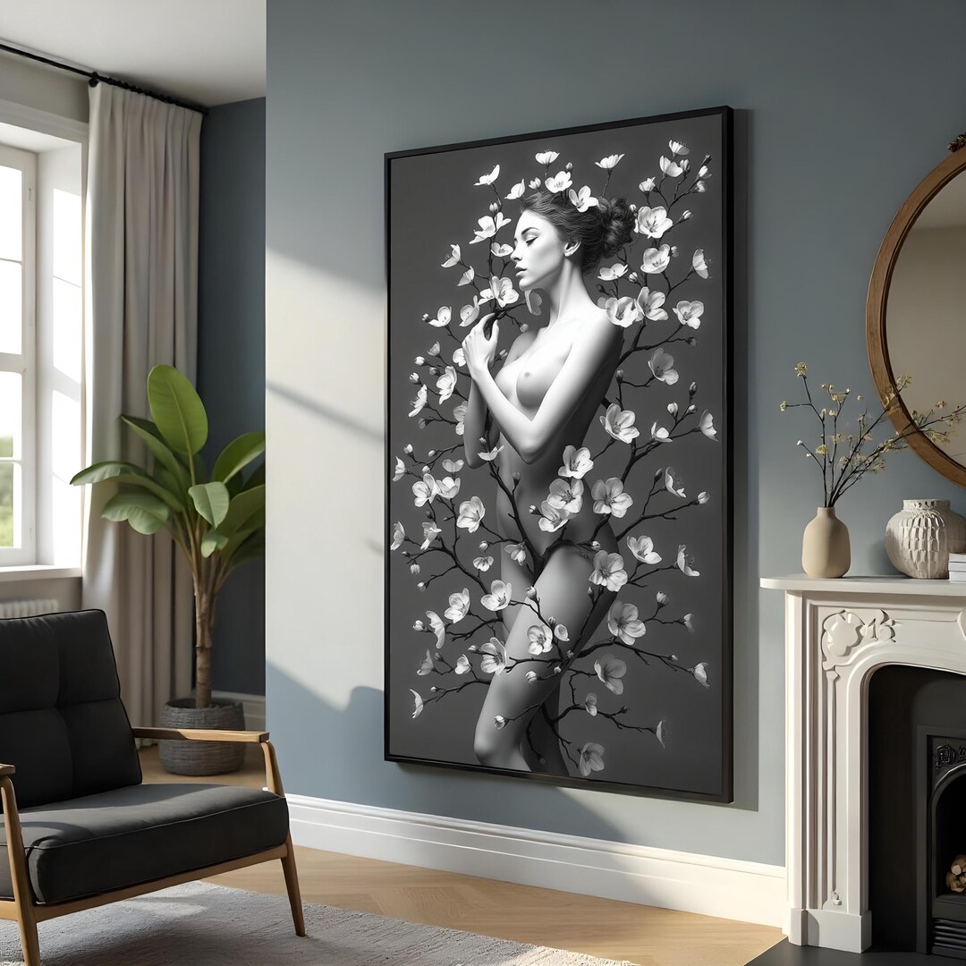 Blossom Embrace Canvas Floral Nude Art Black And White Botanical