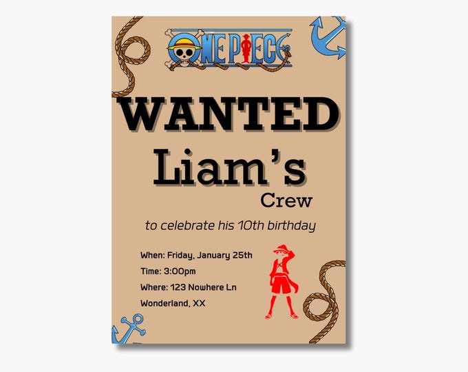 One Piece Birthday Party Invitation | Kids Pirate-themed Party Invite ...
