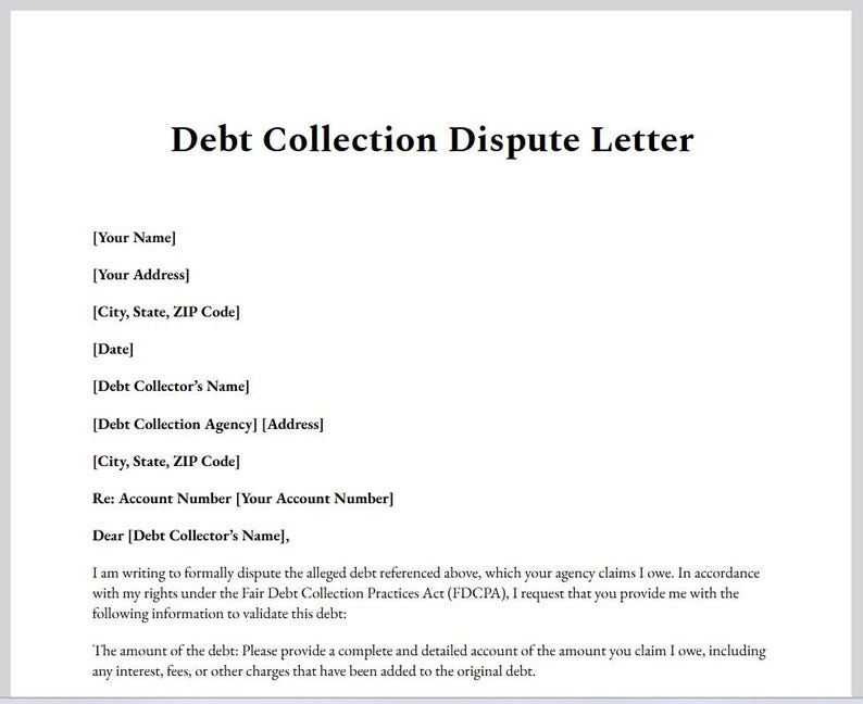 Debt Collection Dispute Letter Template | Debt Dispute Debt Validation Letter | Credit Report ...
