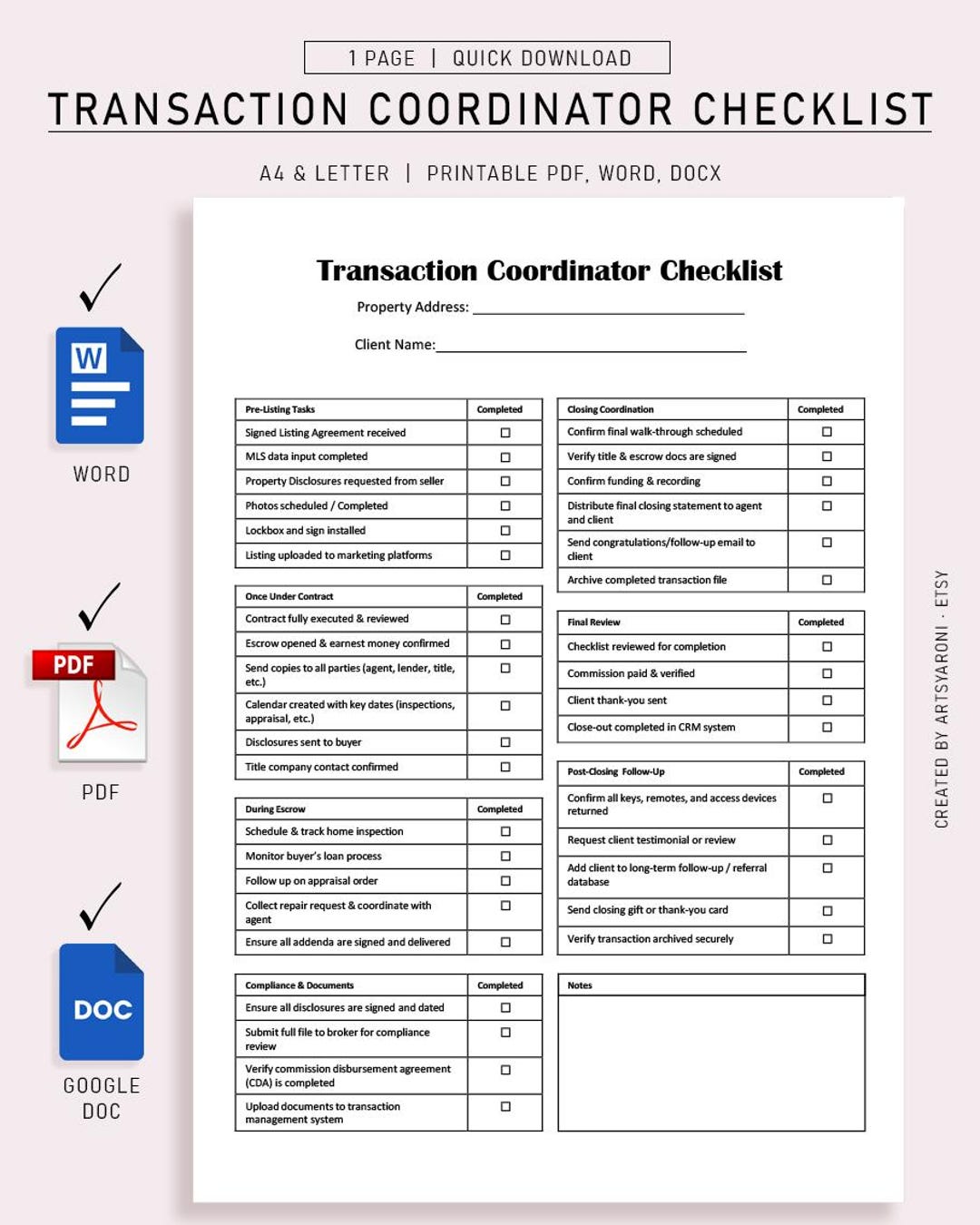 Transaction Coordinator Checklist Template | Real Estate TC Workflow ...
