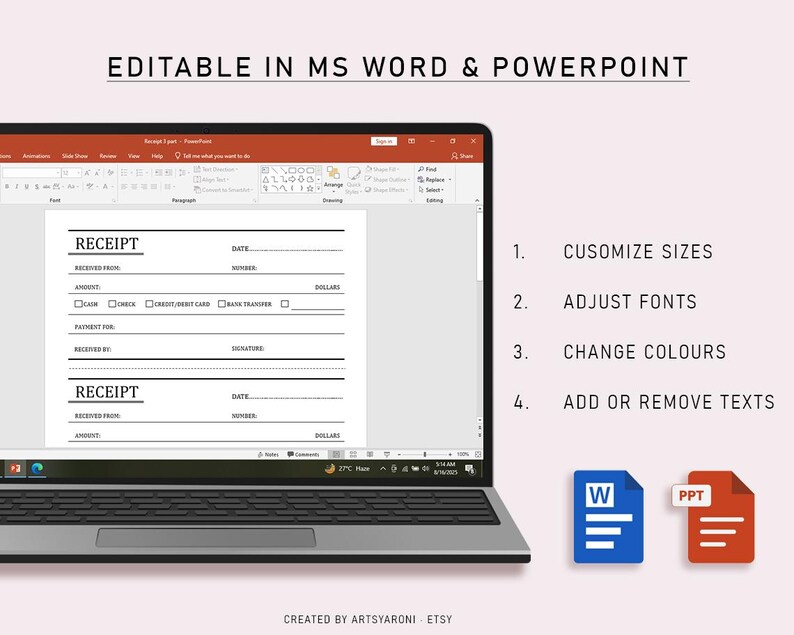 Editable Customer Receipt Template: Minimalist Design (PDF, Word, PPT ...