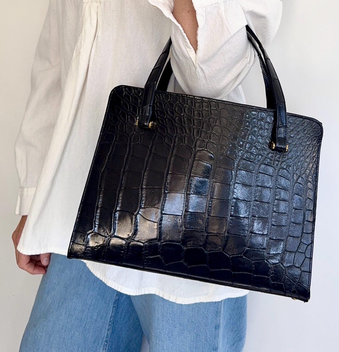 Vintage Black Croco Purse Bag Top Handle Structured Minimalist Divided ...