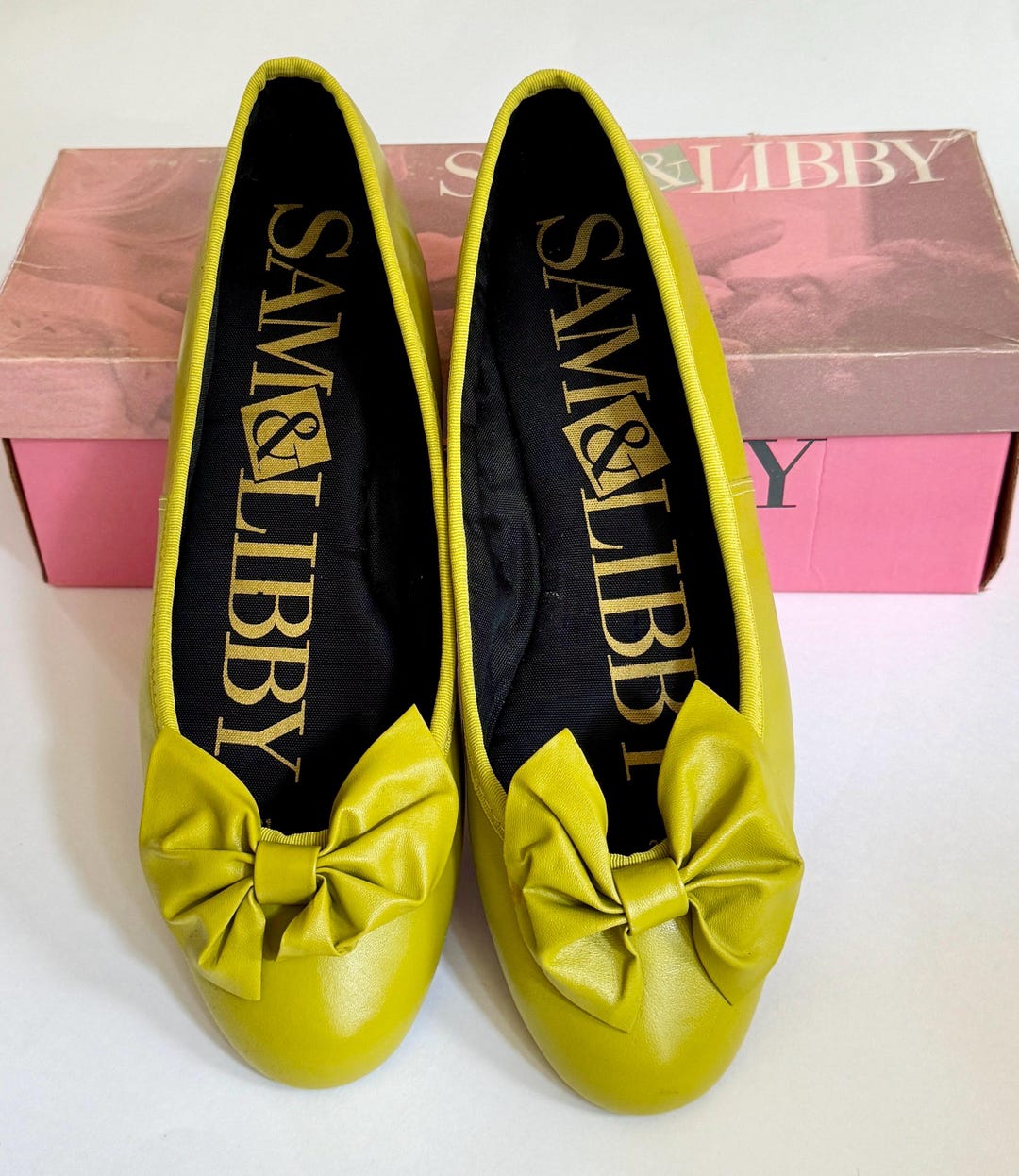 Sam & Libby Ballet Flats 90s Vintage Lemon Lime Leather Uppers Bow Detail Original Box Excellent ...