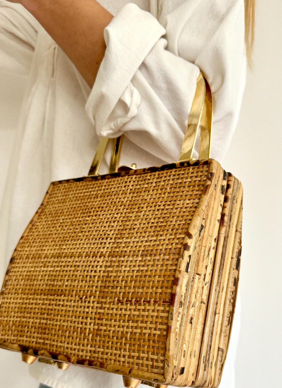 Vintage Rattan Bamboo Purse Bag Gold Tone Top Handle Structured ...
