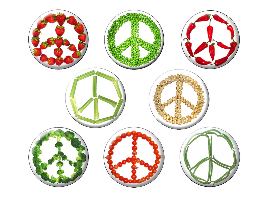 PEACE VEGGIE PINS! 8 Sm 1.25" Buttons With Vegetables & Fruits Shaped ...