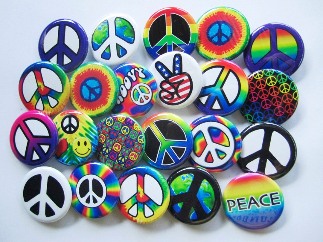 24 PEACE Pins in 2 Sizes. 1.25" or 2.25" COLORFUL, PSYCHEDELIC Peace ...