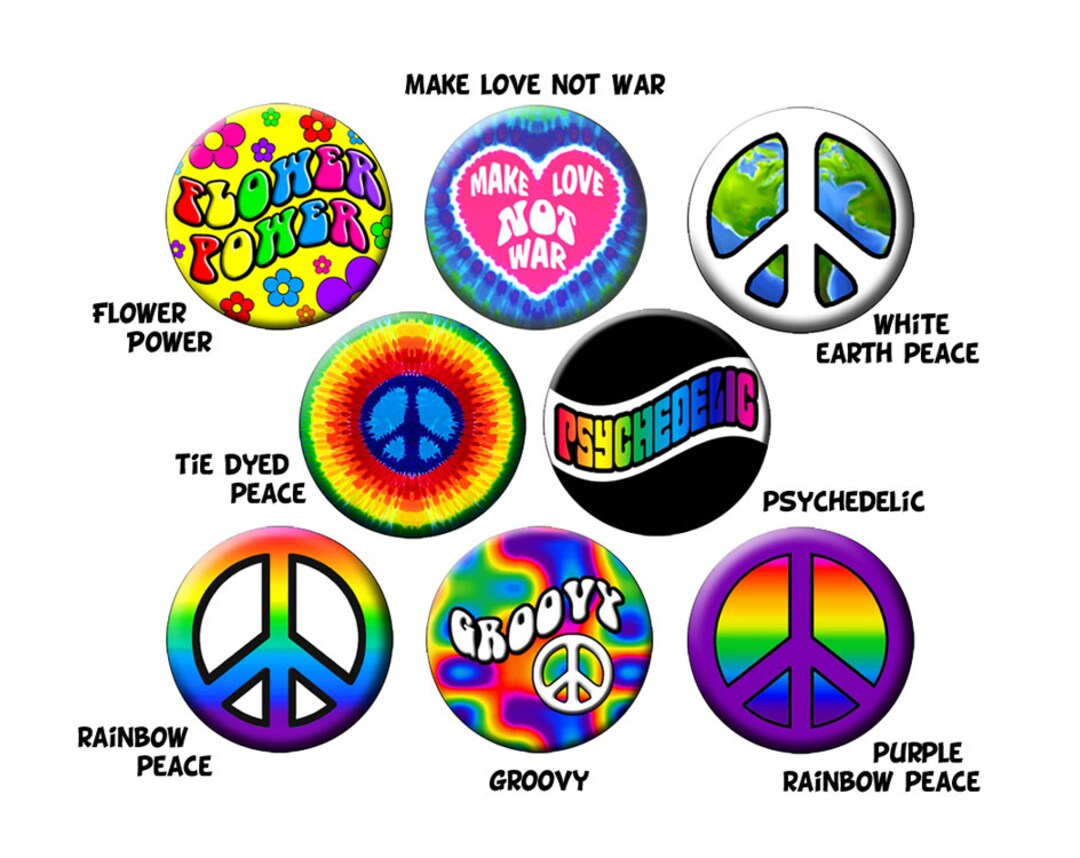Choose 8 GROOVY Buttons-colorful Hippie Peace and Love Pins Your Choice ...