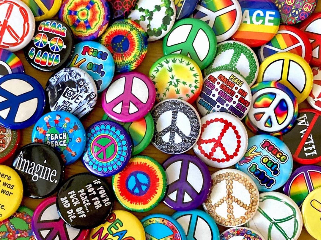 24 Psychedelic Peace Sign Button Pinback Set: Hippie Love Badges ...
