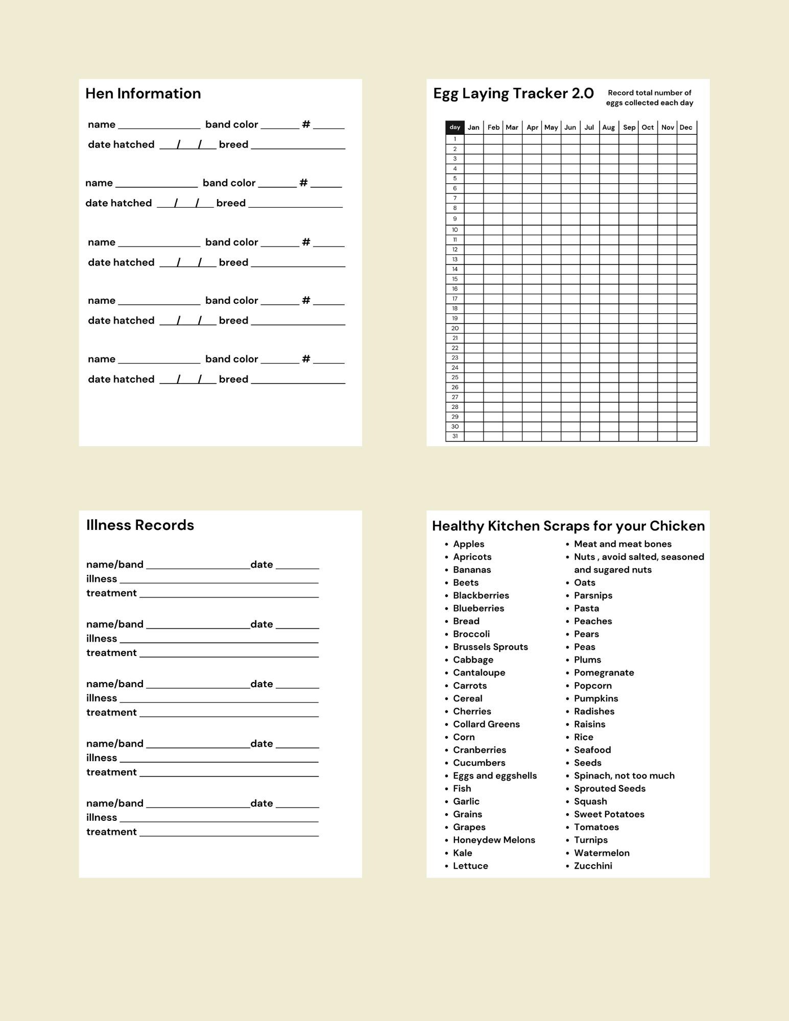 Printable Chicken Documents (egg Laying Trackers, Health Records, and ...