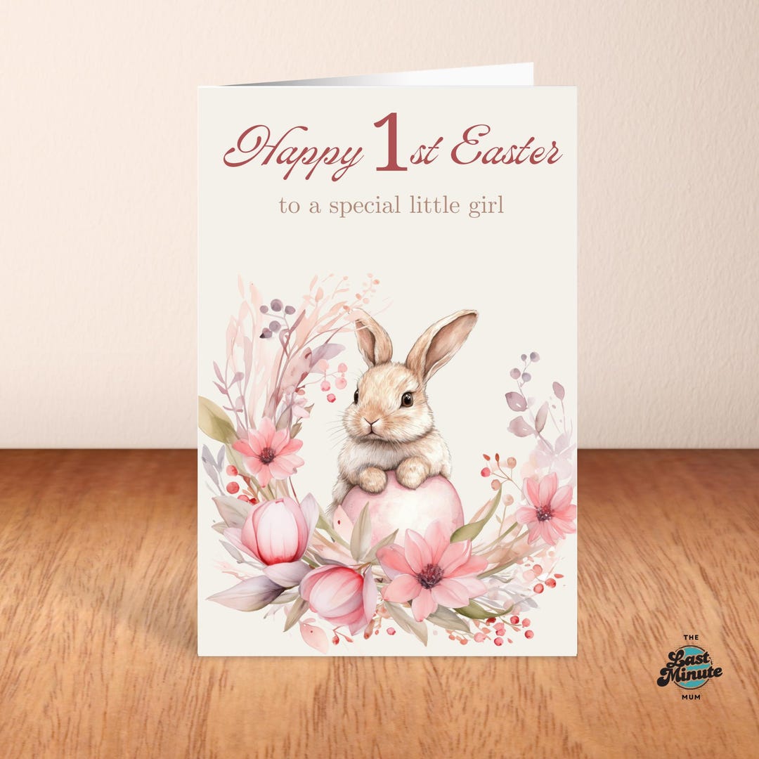 Baby's First Easter, Printable Easter Card, Pink Floral Bunny Girl ...