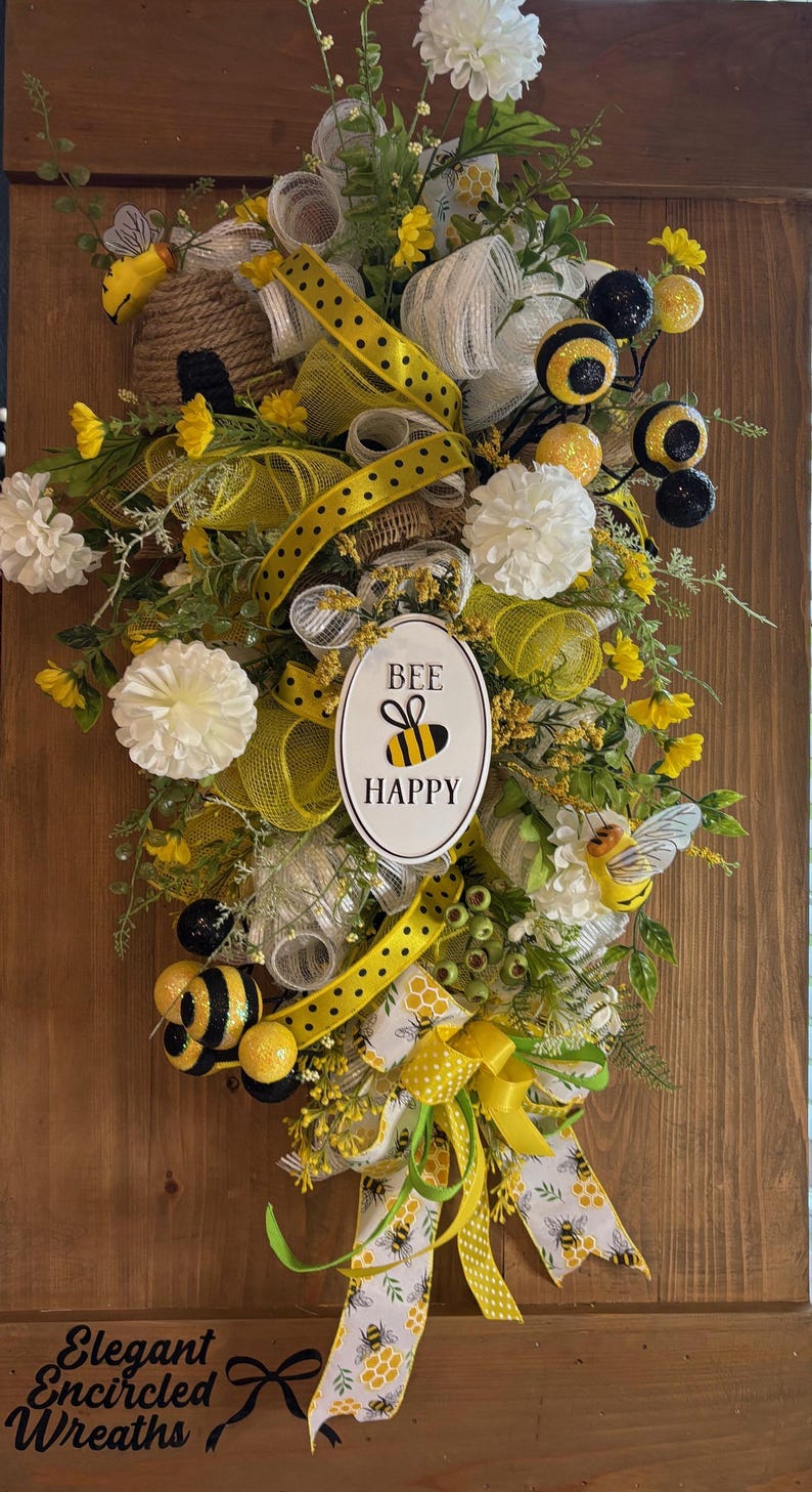 Bee Happy Summer Wreath, Bumble Bee, Polka Dot Ribbon, Bee Hive - Etsy