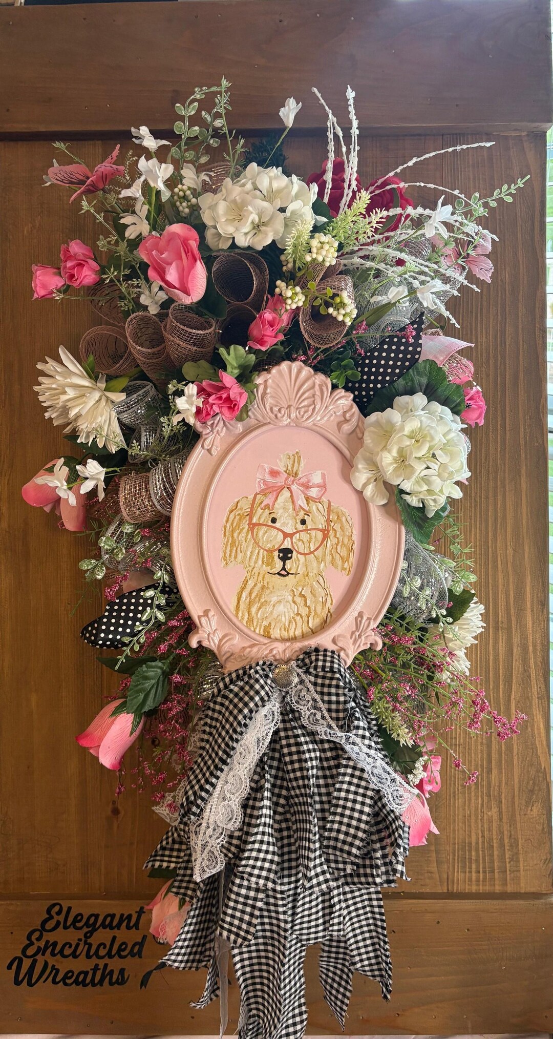 Doodle Dog Spring Flower Wreath: Checkered Rag Bow Door Decor - Etsy