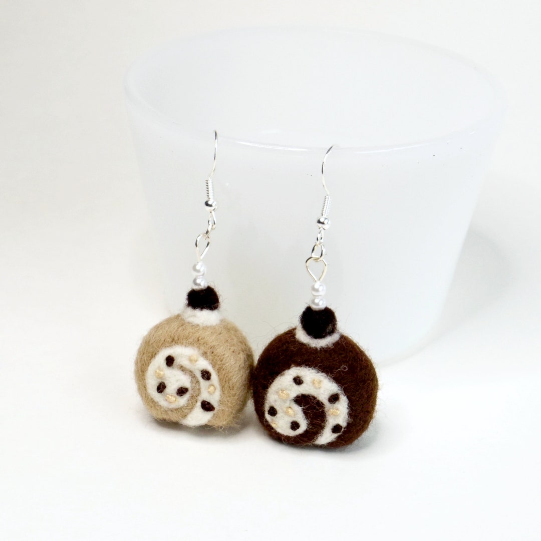 Miniature Felt Chocolate Roll Cake Earrings, Needle Felted Food ...