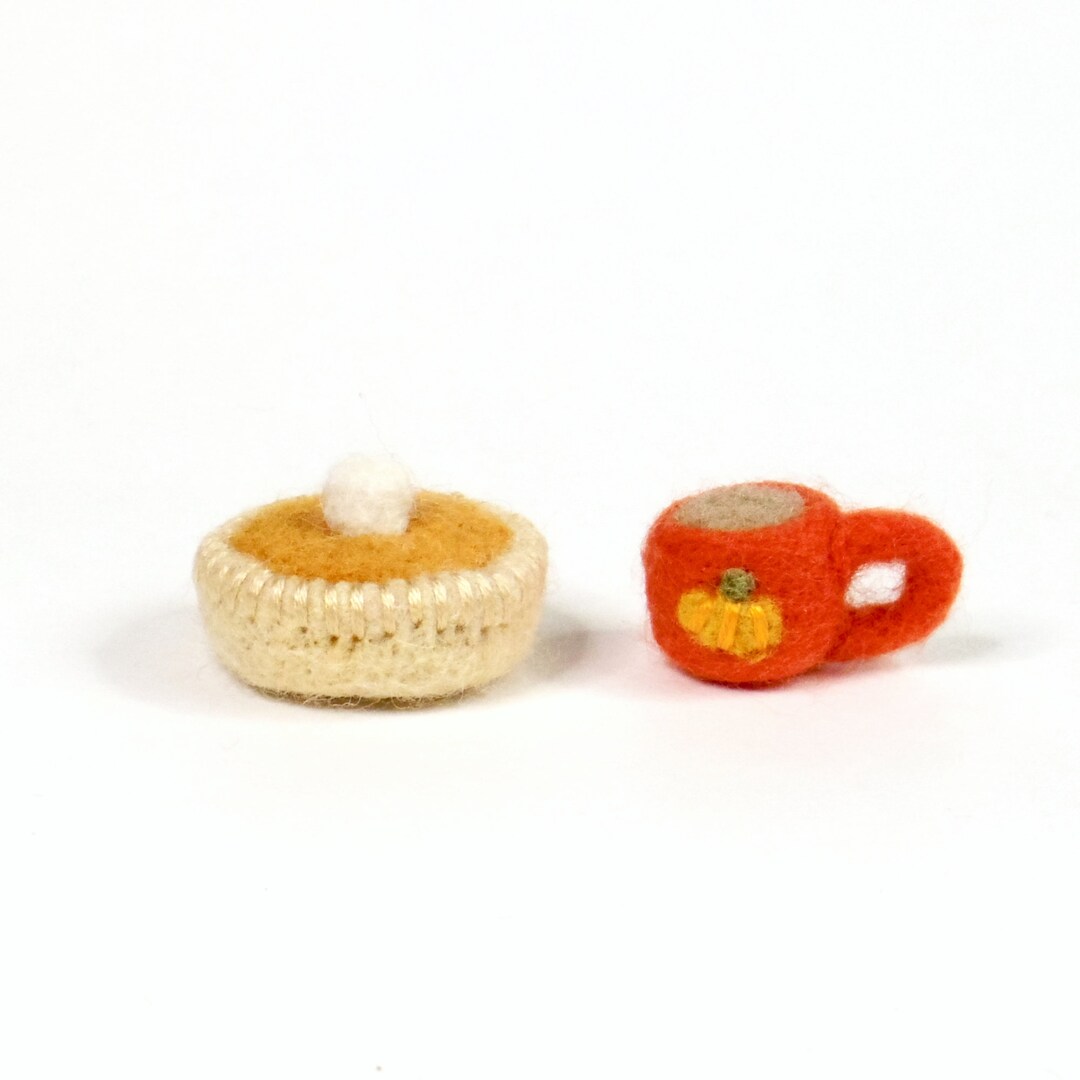 Miniature Felt Food, Needle Felted Pumpkin Pie + Coffee Cup, Dollhouse ...