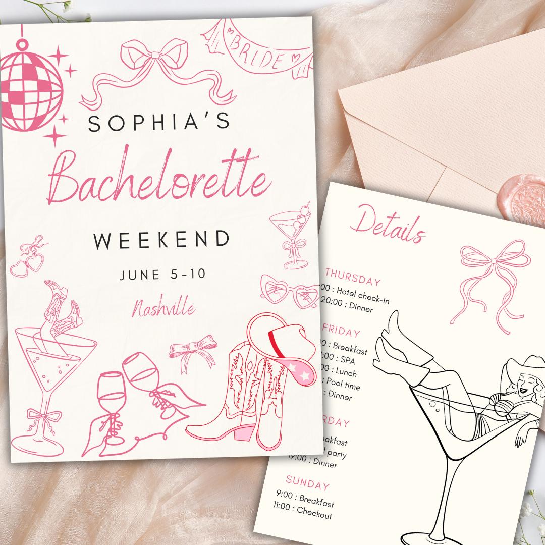 Disco Cowgirl Bachelorette Invitation & Itinerary • Pink Disco Western ...