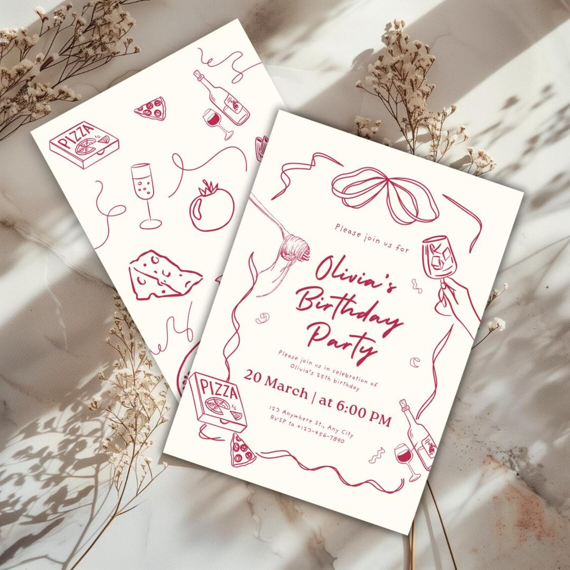 Italian Dinner Party Birthday Invitation With Food & Drink Menus – Hand ...
