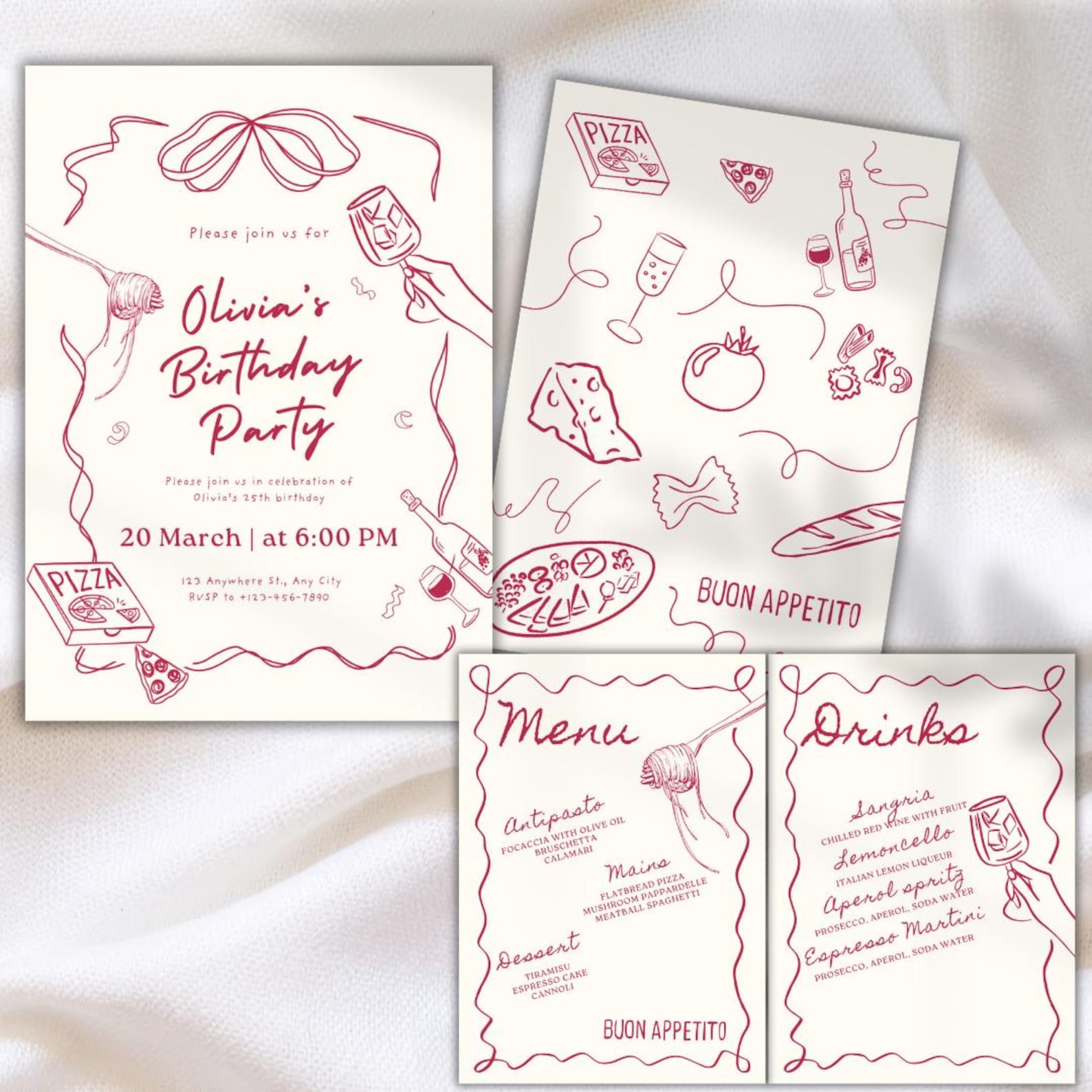 Italian Dinner Party Birthday Invitation With Food & Drink Menus – Hand ...