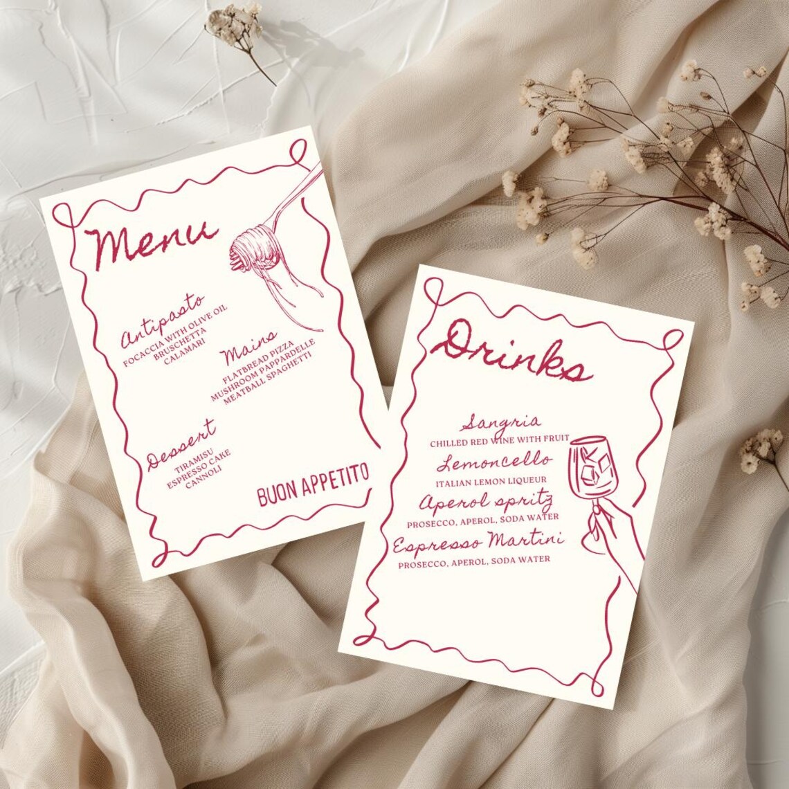 Italian Dinner Party Birthday Invitation With Food & Drink Menus – Hand ...