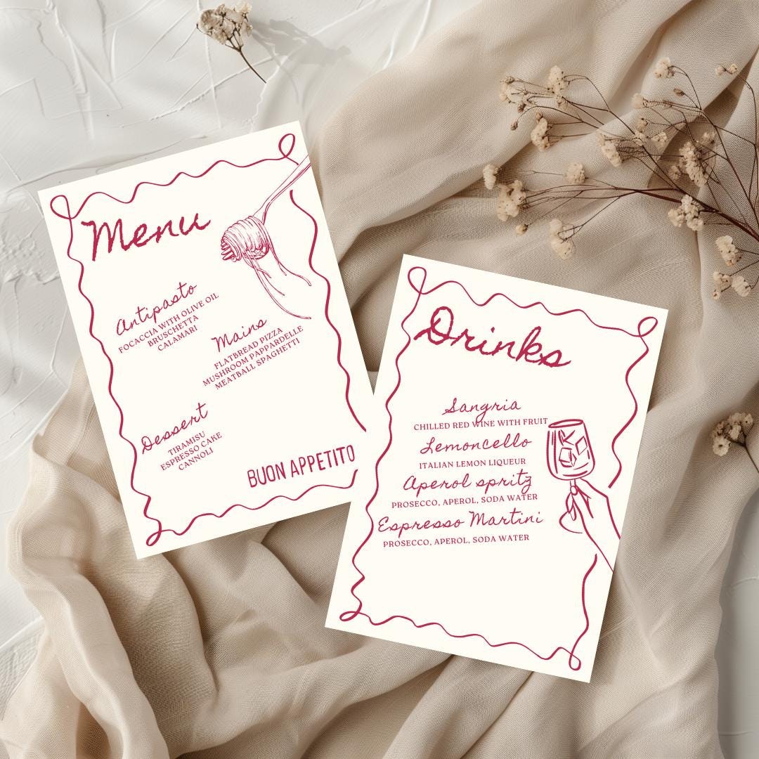 Italian Dinner Party Birthday Invitation With Food & Drink Menus – Hand ...
