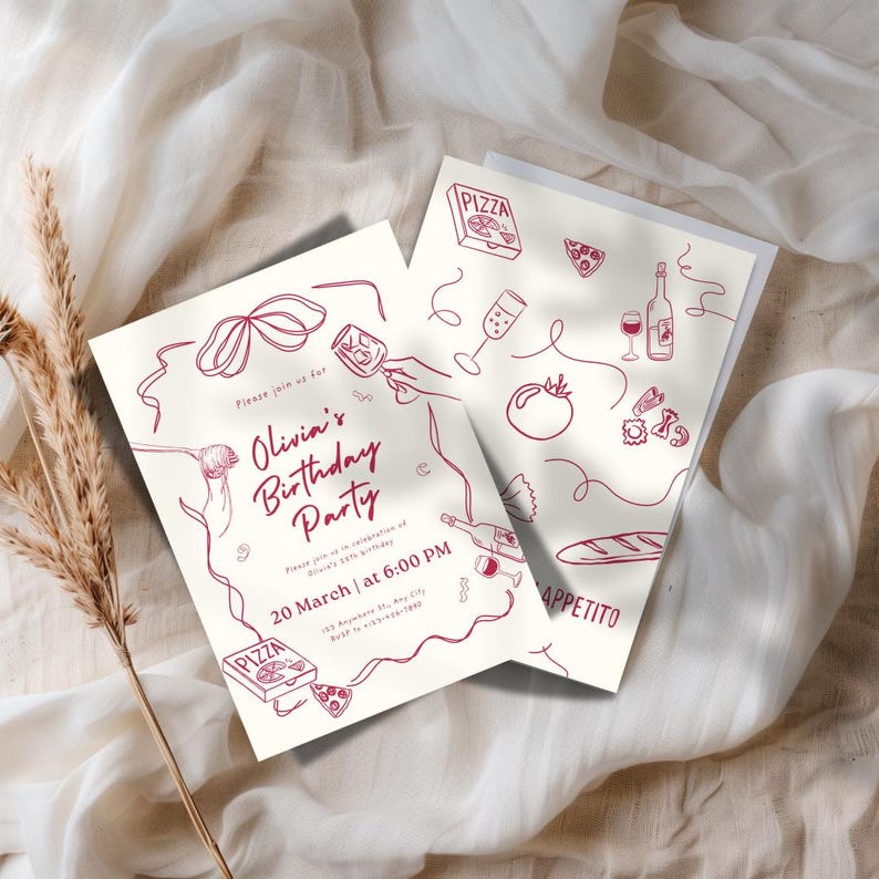 Italian Dinner Party Birthday Invitation With Food & Drink Menus – Hand ...