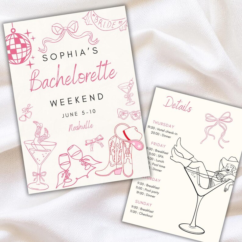 Disco Cowgirl Bachelorette Invitation & Itinerary • Pink Disco Western ...