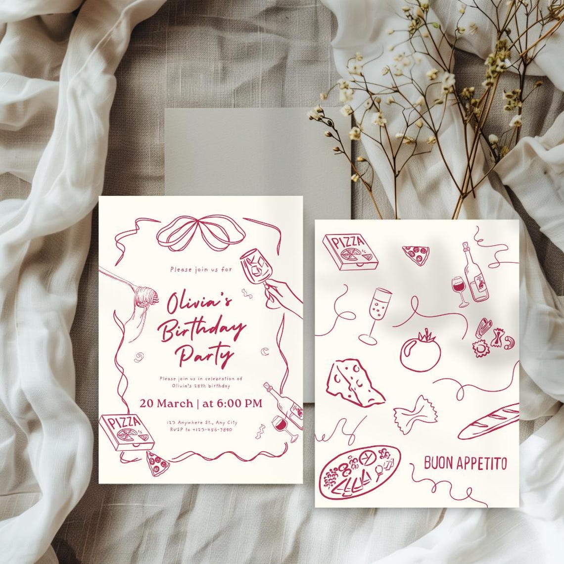 Italian Dinner Party Birthday Invitation With Food & Drink Menus – Hand ...