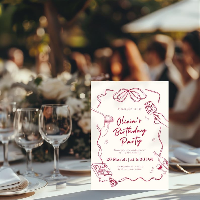 Italian Dinner Party Birthday Invitation With Food & Drink Menus – Hand ...