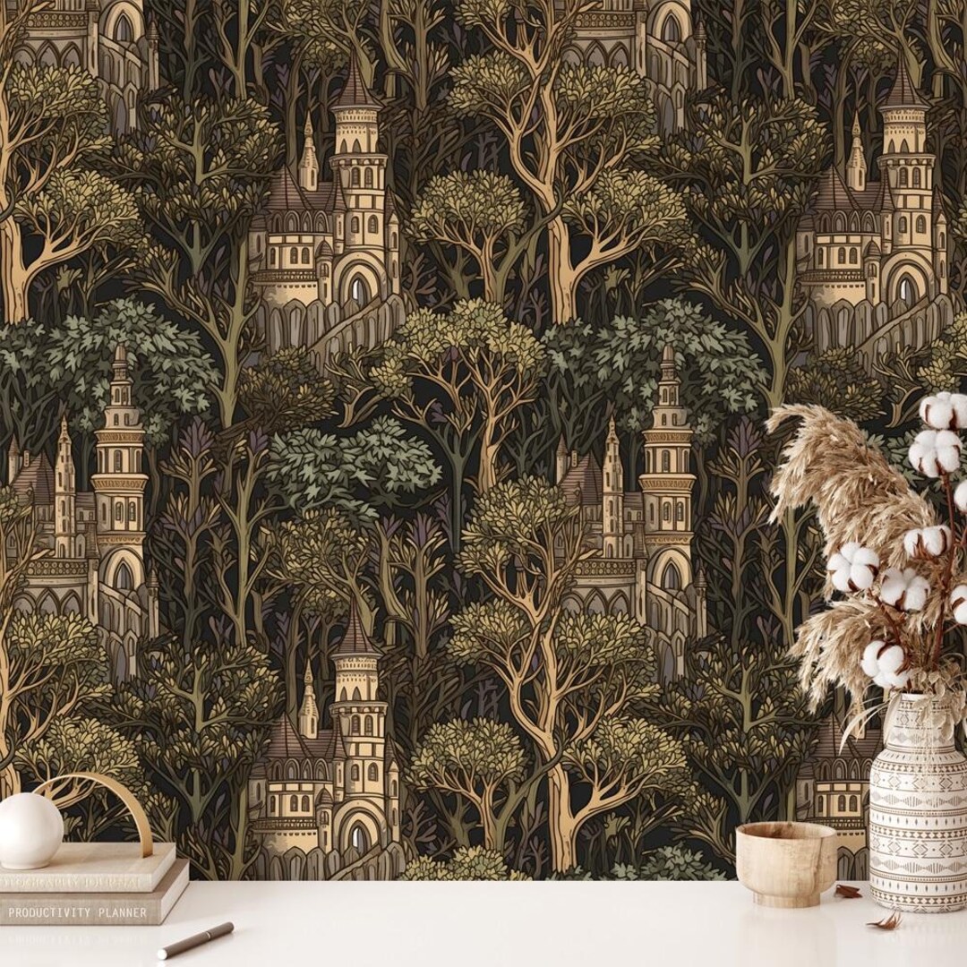 Dark Magic Castle Peel and Stick Wallpaper: Whimsical Forest Design - Etsy