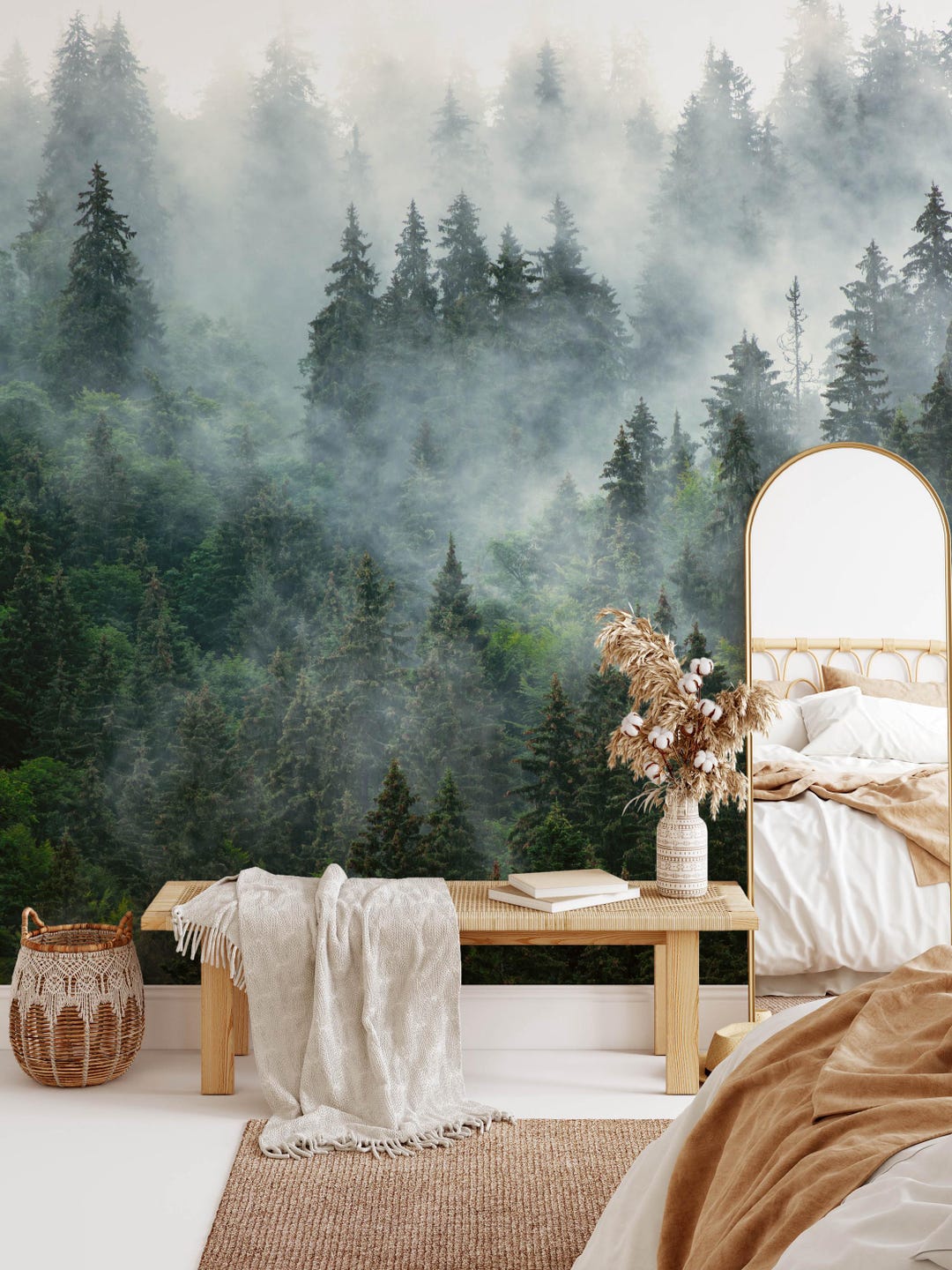 Green Misty Forest Wallpaper Peel and Stick, Foggy Forest Wall Mural ...