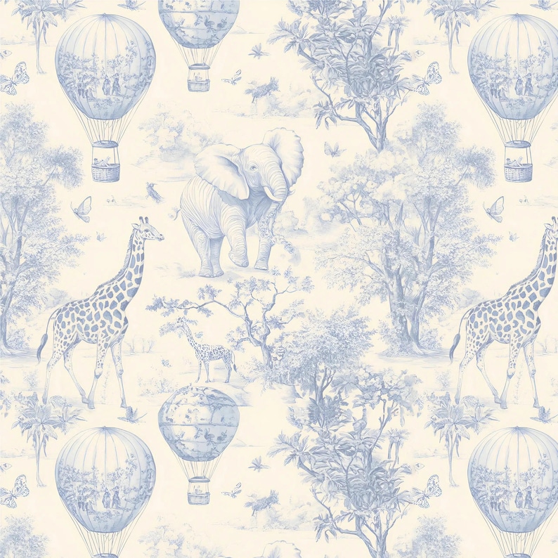 Blue Safari Animals Toile Wallpaper: Kids Nursery Wall Mural - Etsy