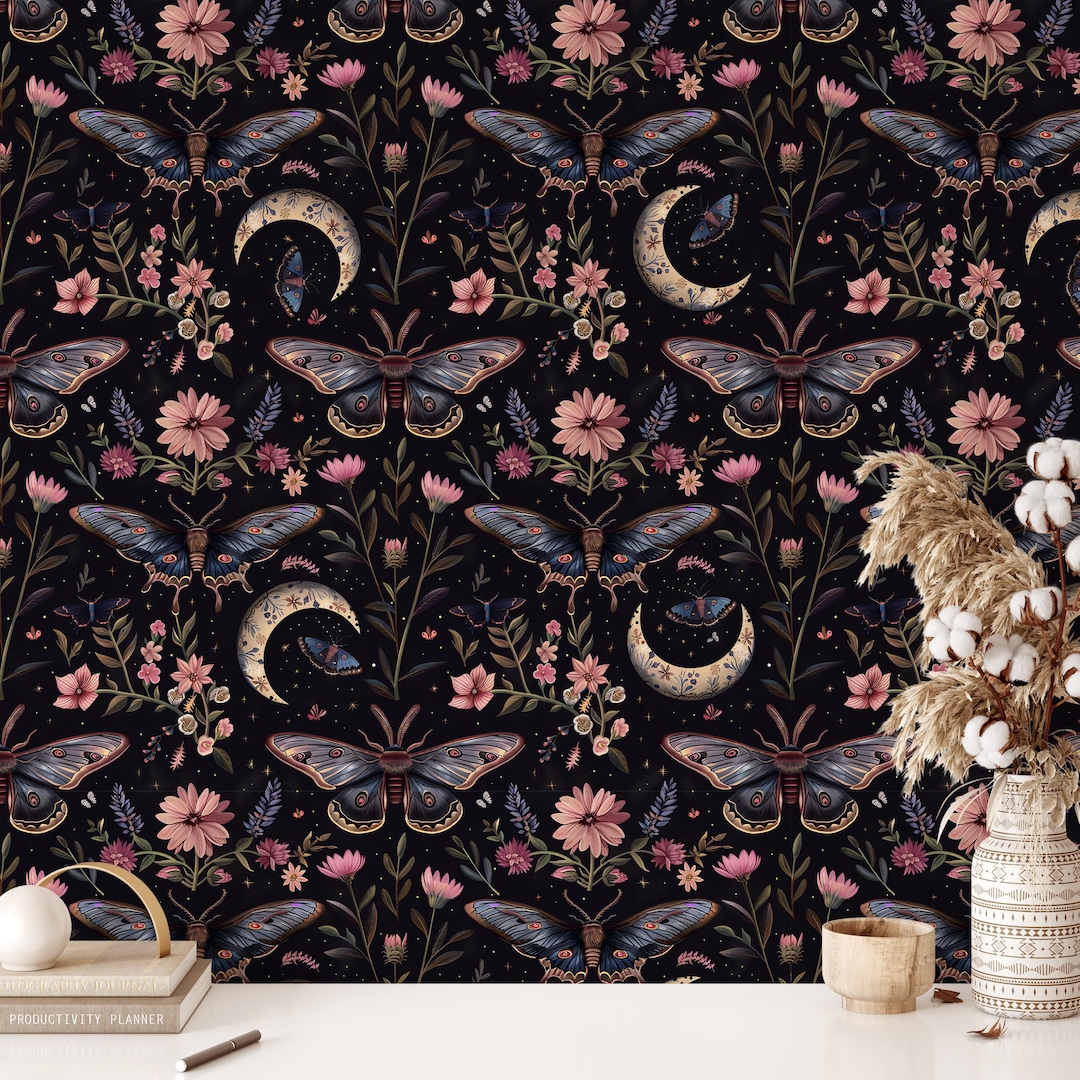 Night Garden Wallpaper, Mystical Moth Magic Witchy Floral Peel and ...