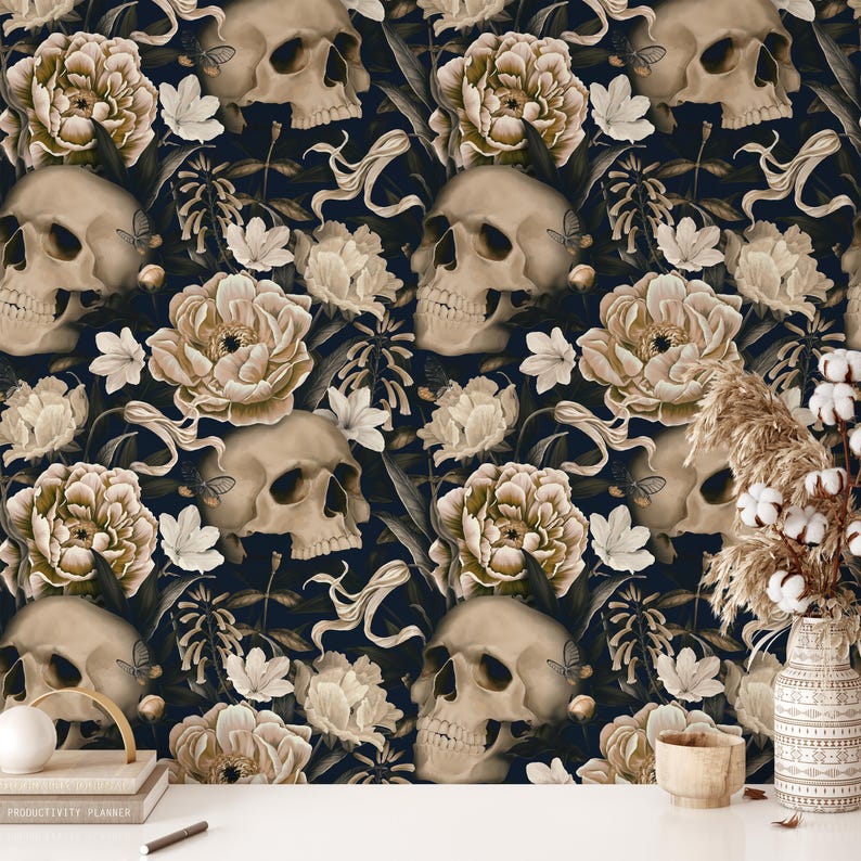 Dark Skull Wallpaper, Peel and Stick Wallpaper, Dark Peony Floral ...