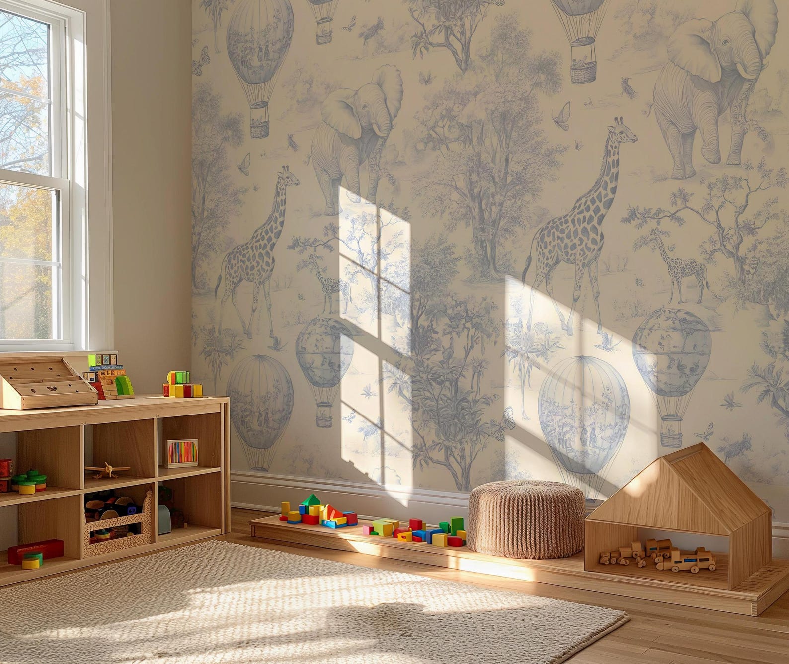 Blue Safari Animals Toile Wallpaper: Kids Nursery Wall Mural - Etsy