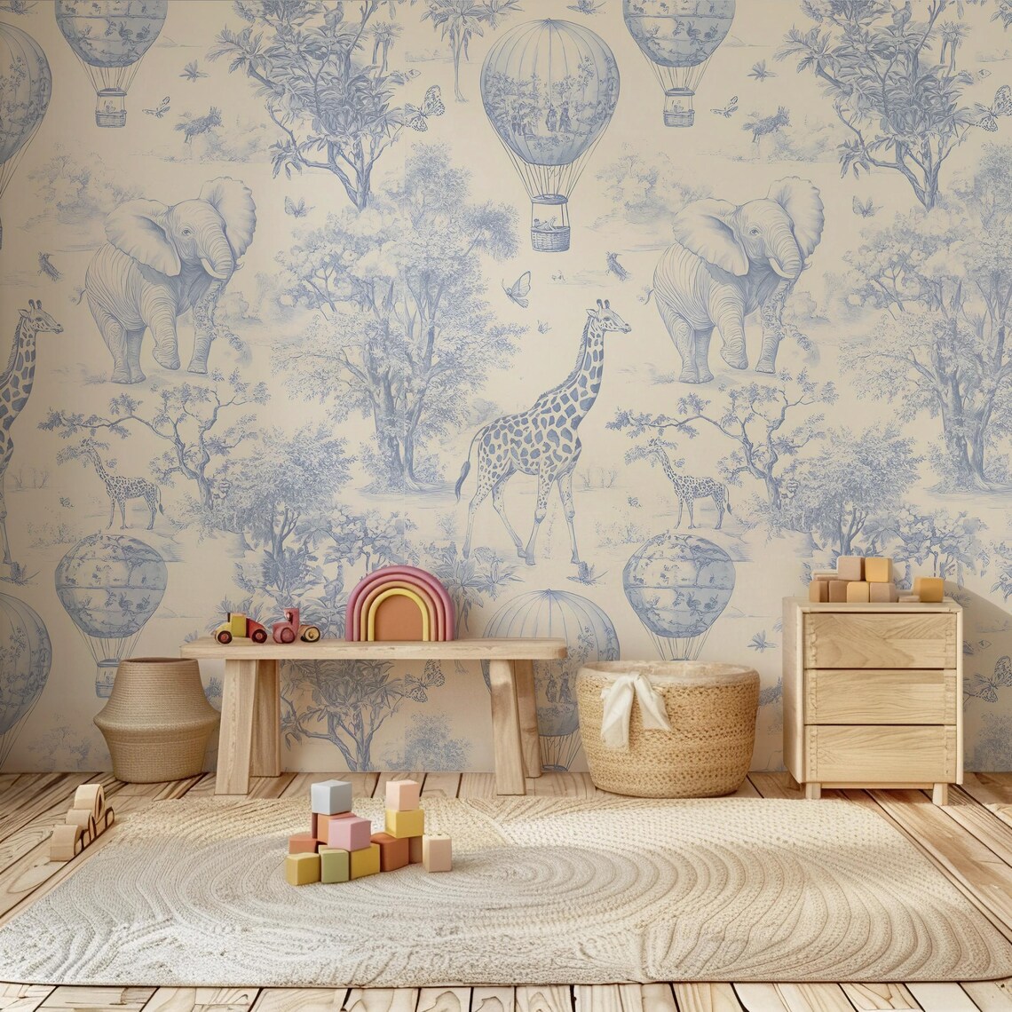 Blue Safari Animals Toile Wallpaper: Kids Nursery Wall Mural - Etsy