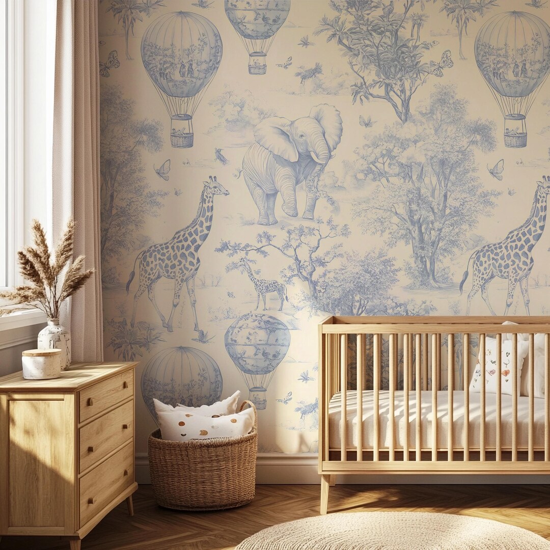 Blue Safari Animals Toile Wallpaper: Kids Nursery Wall Mural - Etsy