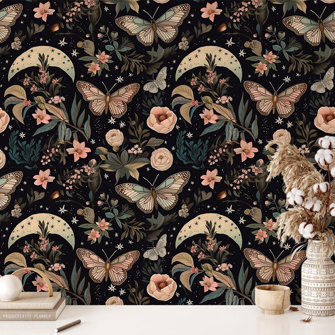Botanical Moth Wallpaper: Witchy Night Garden Peel and Stick Mural - Etsy