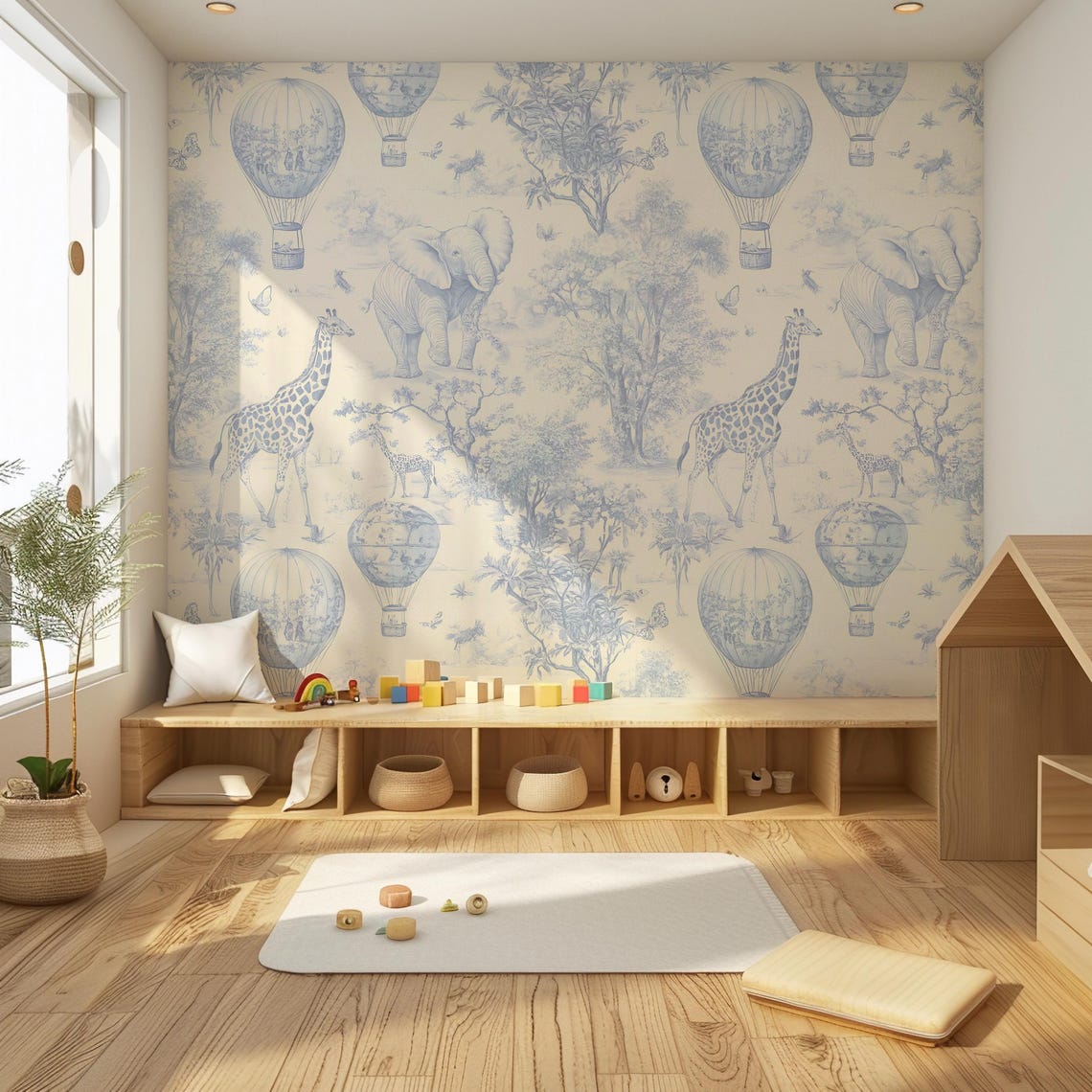 Blue Safari Animals Toile Wallpaper: Kids Nursery Wall Mural - Etsy