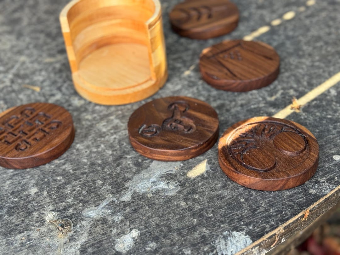 Celtic Symbols Coasters in Walnut W/ Pocket Detail and Maple Holder - Etsy